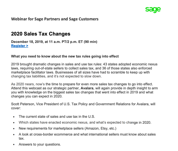 2020 Sales Tax Changes for Sage 100 Users ( Free Webinar )